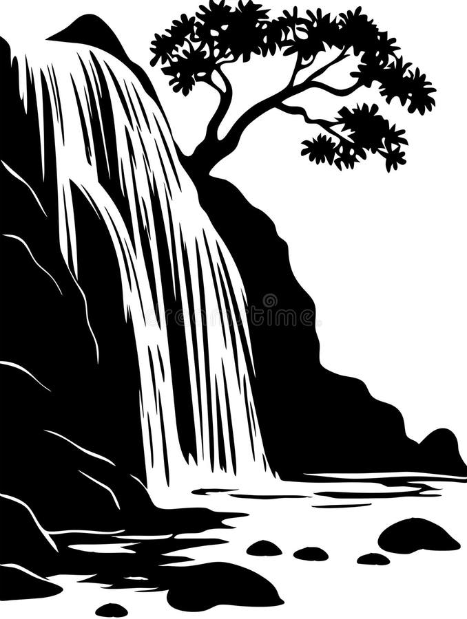 Tranquil Waterfall with Tree Silhouette Vector Art for Relaxation and ...