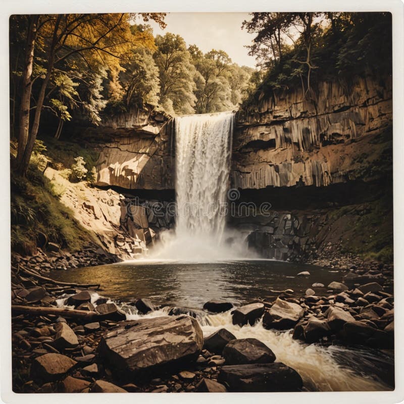 Tranquil Waterfall Vintage Polaroid Capture of Serene Landscape Stock ...