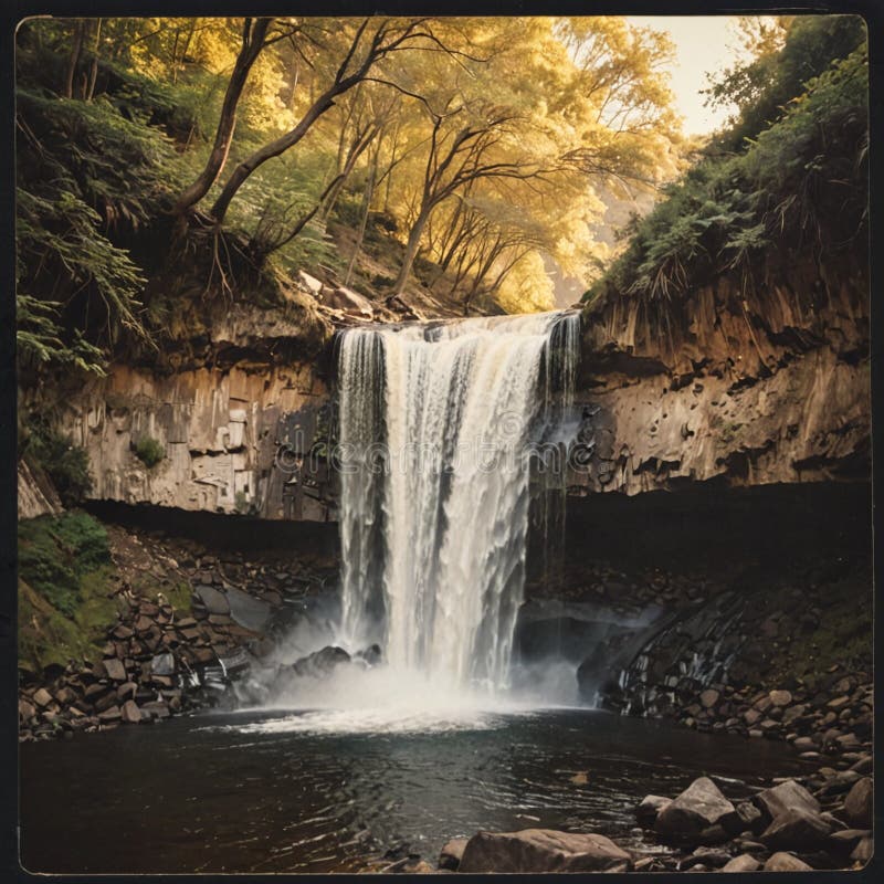 Tranquil Waterfall Vintage Polaroid Capture of Serene Landscape Stock ...