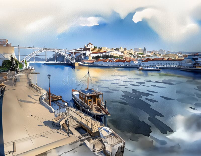 Tranquil Waterfront in Artistic Rendering Stock Illustration ...