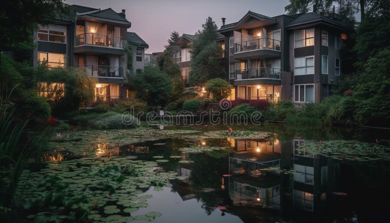 Tranquil Waterfront Reflection Illuminates Modern Apartment Building in ...
