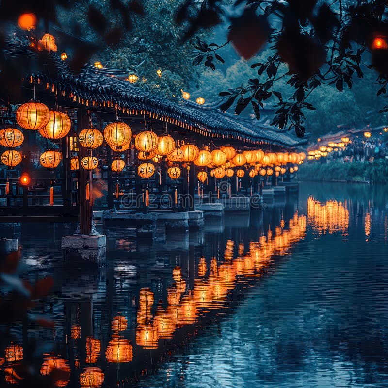 Beautiful Illuminated Lanterns Calm Waterway Evening Stock Photos ...