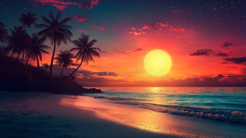 The Tranquil Waves Mirror a Spectacular Sunset, Bordered by Lofty Palm ...