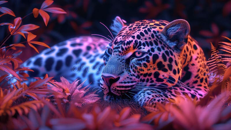 Tranquil Wilderness: a Leopard Laying Down in a Colorful Jungle Scene ...