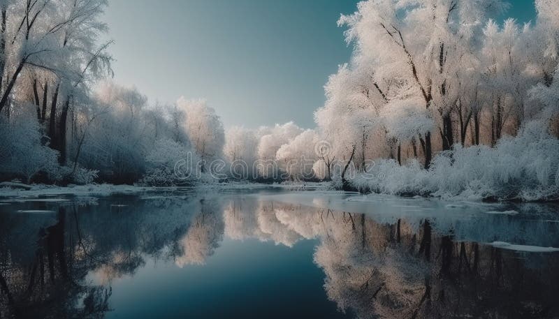 Tranquil Winter Forest, Blue Reflection on Frozen Pond Generated by AI ...