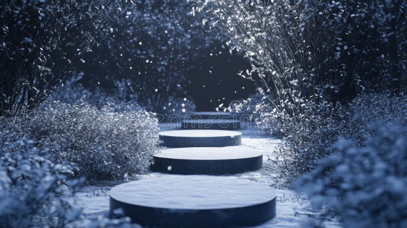 Tranquil Winter Pathway through Snow-covered Shrubs in a Serene Garden ...