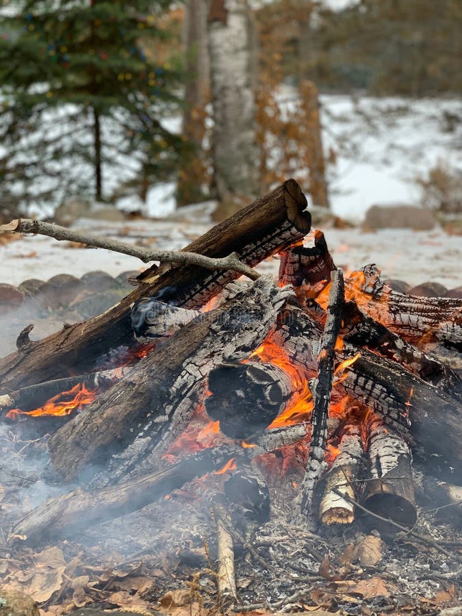 Tranquil Winter Scene of a Campfire Burning in a Snowy Forest Stock ...