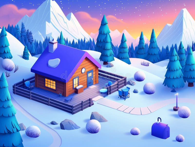 A Tranquil Winter Setting Showcasing a Warm Cabin Encircled by Snowy ...