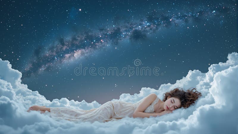 Tranquil Woman Sleeping on Cloud Under Starry Sky Stock Illustration ...