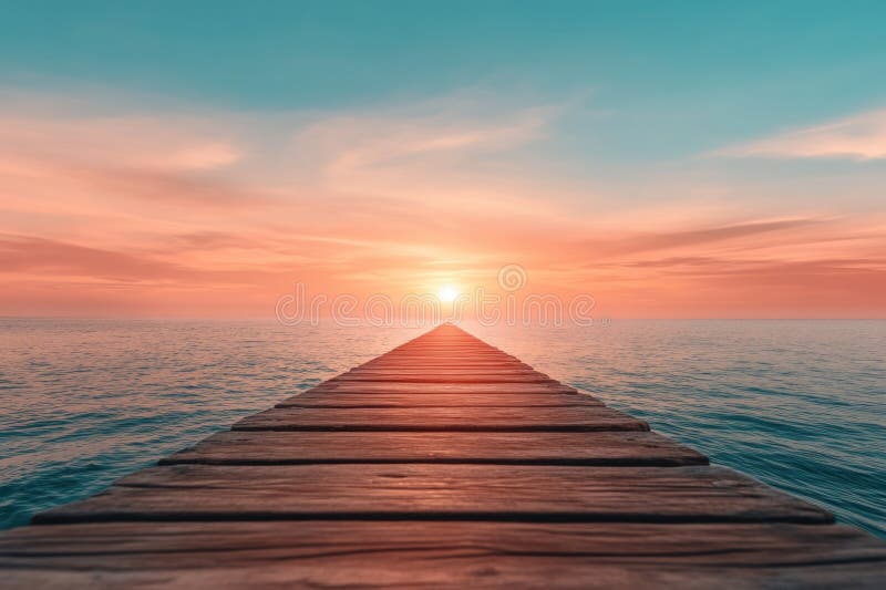 Tranquil Wooden Pier Extending into the Ocean at Sunset Under a Vibrant ...