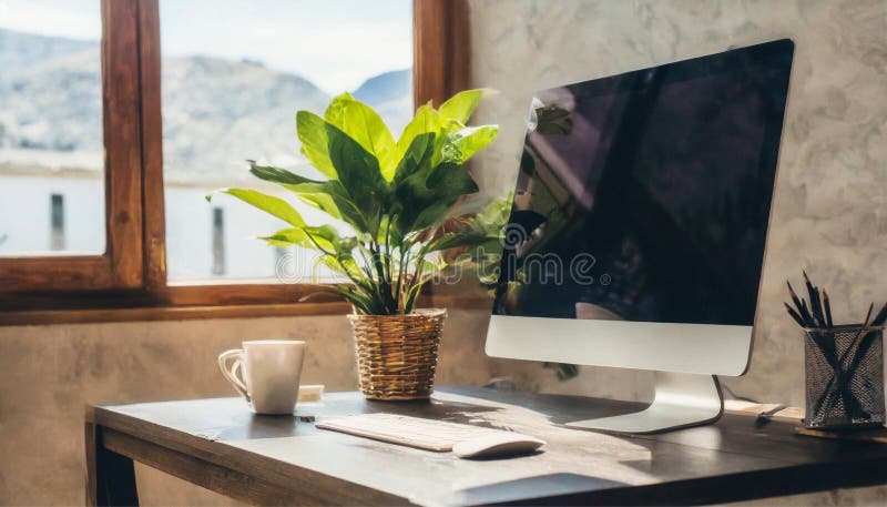Tranquil Workspace Oasis: Productivity with a View Stock Illustration ...