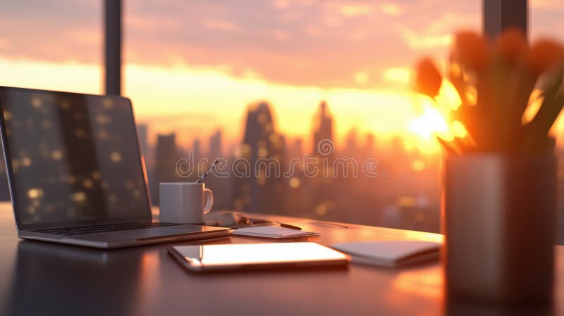 A Tranquil Workspace at Sunset Showcasing Productivity and Creativity ...