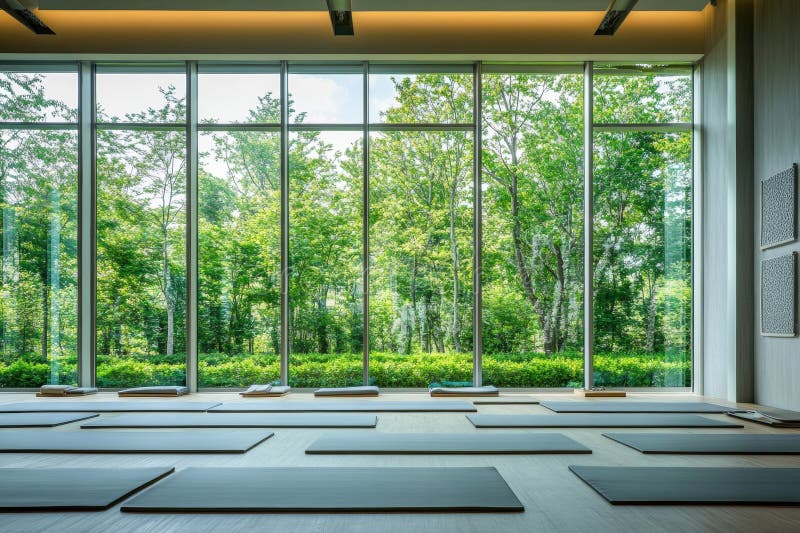 In a Tranquil Yoga Studio Featuring Large Windows, Practitioners Enjoy ...
