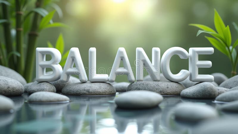 Tranquil Zen Garden with BALANCE in Marble Letters Bamboo Pebbles 3D ...