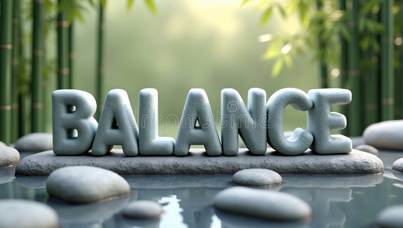 Tranquil Zen Garden with BALANCE in Marble Letters Bamboo Pebbles 3D ...