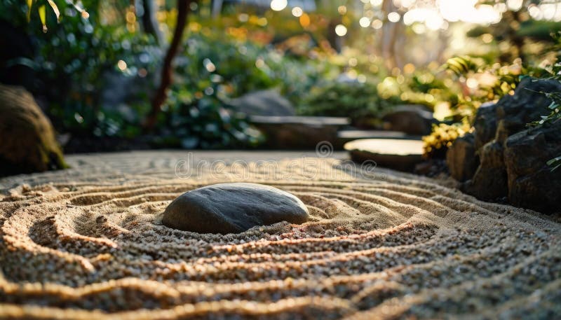 Serene Zen Garden with Concentric Sand Patterns Stock Photo - Image of ...