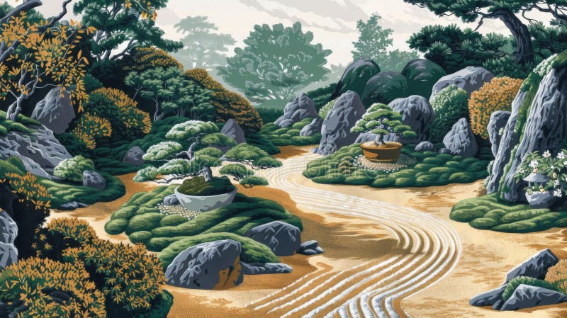 Tranquil Zen Garden Landscape with Winding Path and Lush Greenery Stock ...