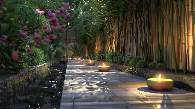Tranquil Zen Garden Path with Bamboo and Candle Lights Stock ...