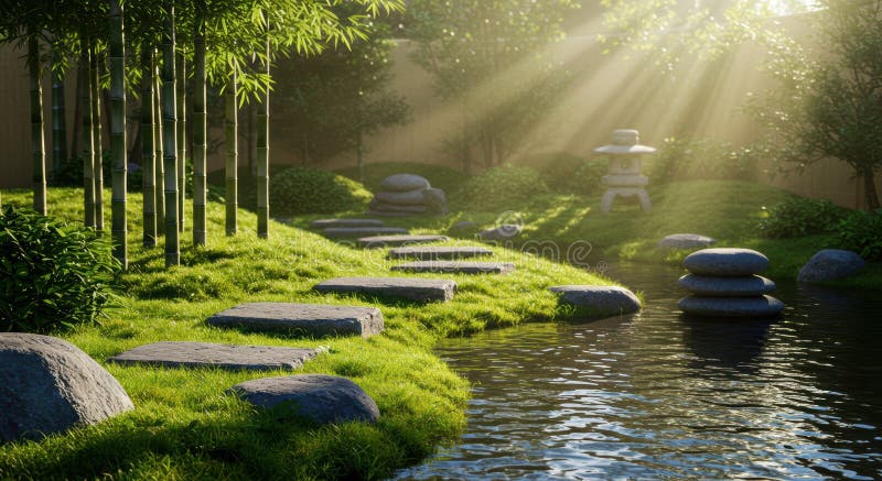 Tranquil Zen Garden Pathway with Bamboo and Sunlit Pond Amidst Lush ...