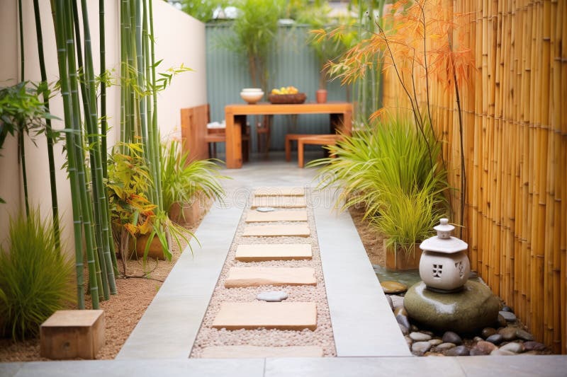 Tranquil Zen Garden with a Stone Path and Bamboo Water Feature Stock ...