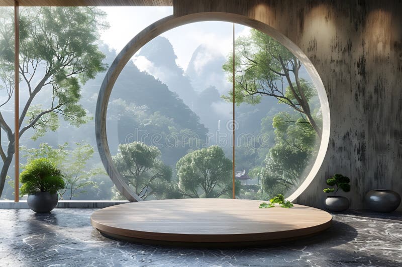 Tranquil Zen Interior with Panoramic Mountain View through Circular ...