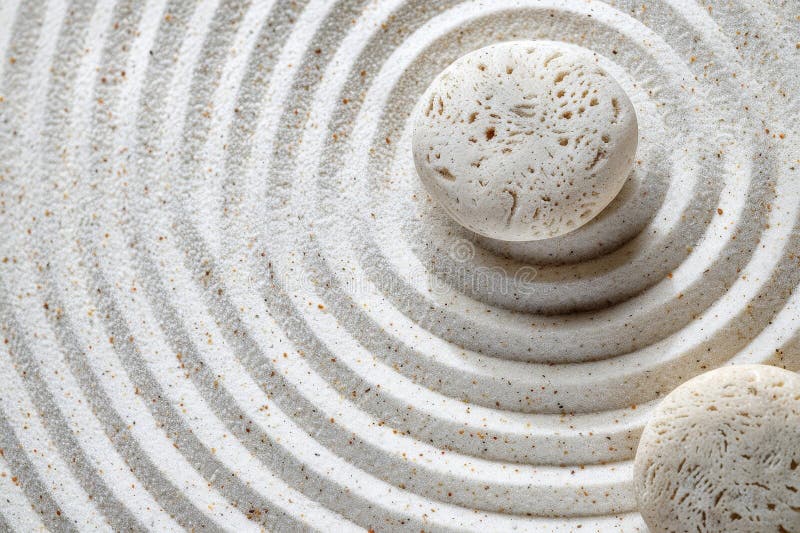 Tranquil Zen Rock Garden Circular Patterns in White Sand, Top View for ...