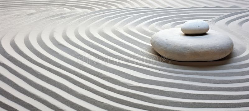 Tranquil Zen Rock Garden with Intricate Circular Patterns in White Sand ...