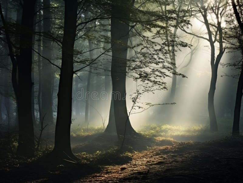 The Tranquility of a Mist-covered Forest at Dawn 4 Stock Illustration ...