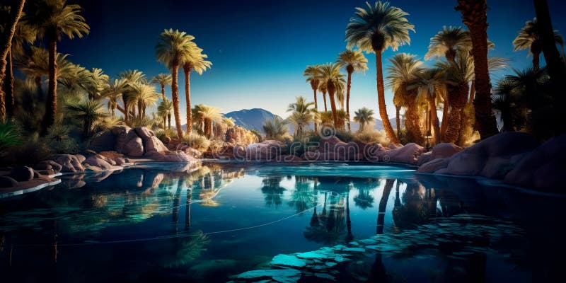 Tranquility of a Mystical Oasis in the Desert Bathed in Moonlight, with ...