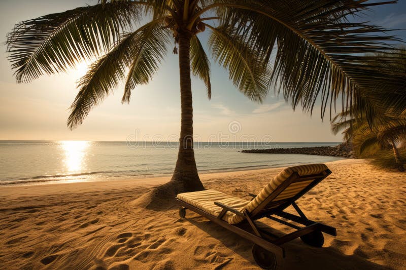 Tranquility Sun Lounger On The Beach Under A Palm Tree Generative Ai