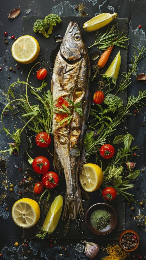 Trans-river Fish with Fresh Vegetables, Spices, Herbs and Lemon Stock ...
