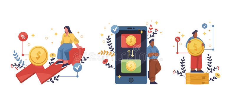 Transactions with Money, Set of Vector Illustrations. Stock Vector ...