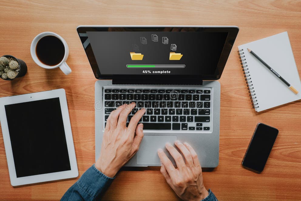 Transfer Files Data System Relocation Concept, Person Hand Using Laptop ...