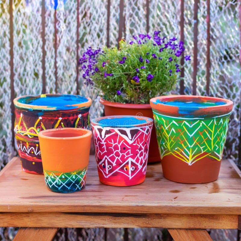 Transform Plain Terracotta Pots with Vibrant Paints and Patterns Stock ...