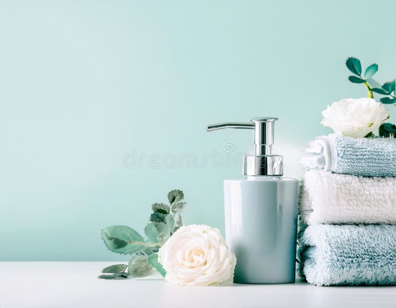 Soft Light Bathroom Decor in Mint Color with Towel, Soap Dispenser ...