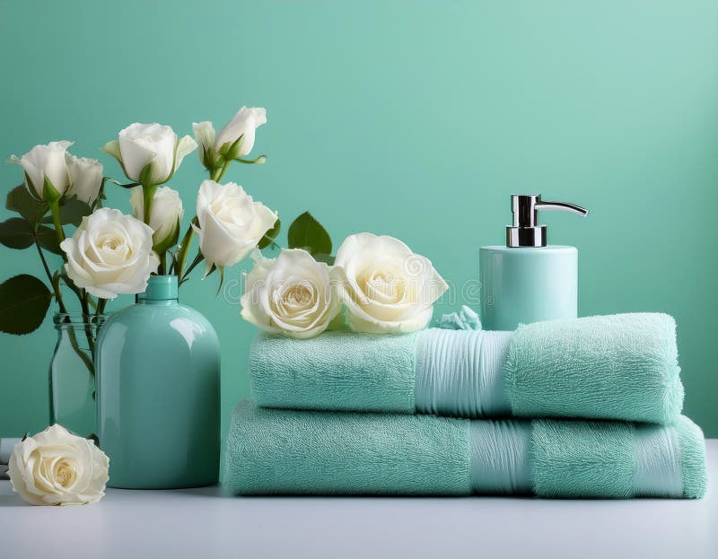 Soft Light Bathroom Decor in Mint Color with Towel, Soap Dispenser ...