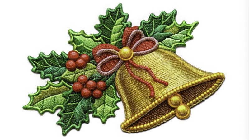 Festive Christmas Bell Embroidered Patch with Holly and Berries a ...
