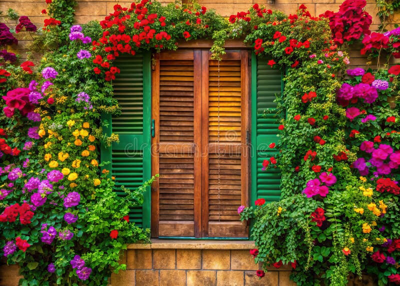 Stunning Floral Wall with Wooden Shutters a Colorful Background Perfect ...