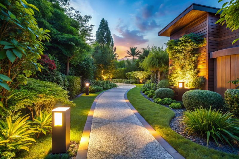 Transform Your Outdoor Space a Stunning Garden Path Enhanced by Smart Home Technology Stock ...