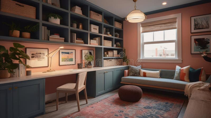A Cozy Warm Home Office Space with Colorful Accents and Comfortable ... A Cozy Warm Home Office Space with Colorful Accents and Comfortable ...