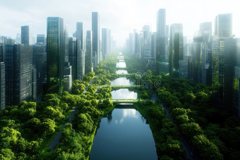 Transformative Cityscape with Lush Greenery and Waterways Stock ...