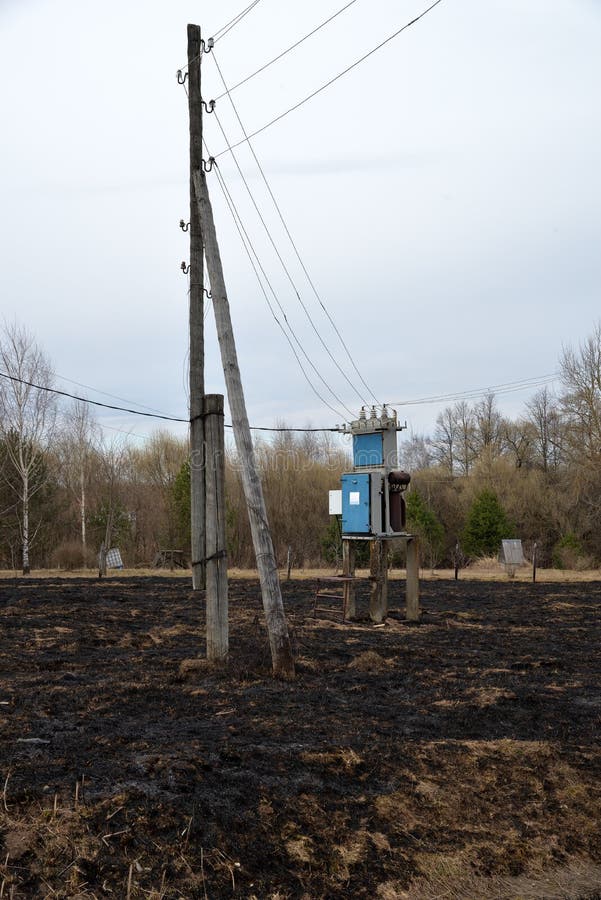 Transformer Electric Booth on Scorched Field in Early Spring Stock ...