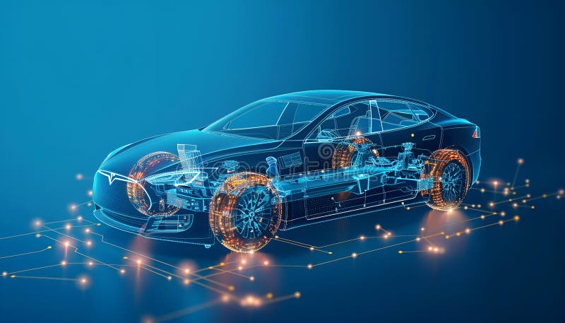 Transformer and Electric Car on a Blue Background, Elements are ...