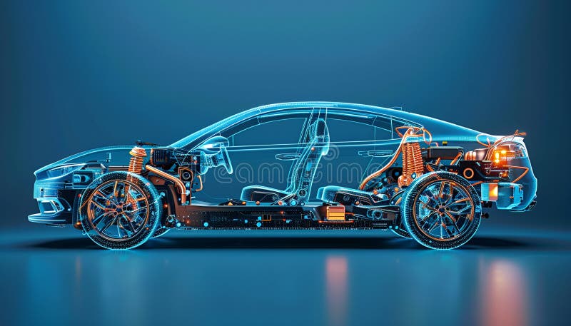 Transformer and Electric Car on a Blue Background, Elements are ...