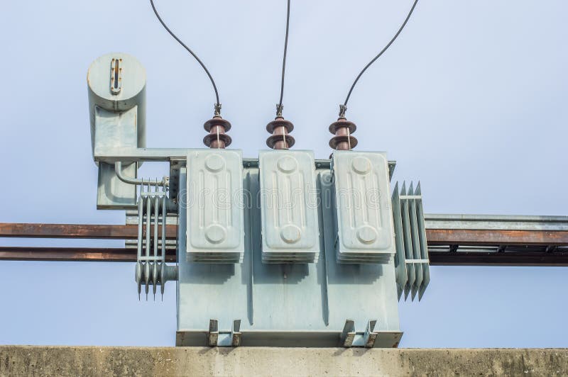 Transformer on Electricity Post, High Power Station. High Voltage with ...