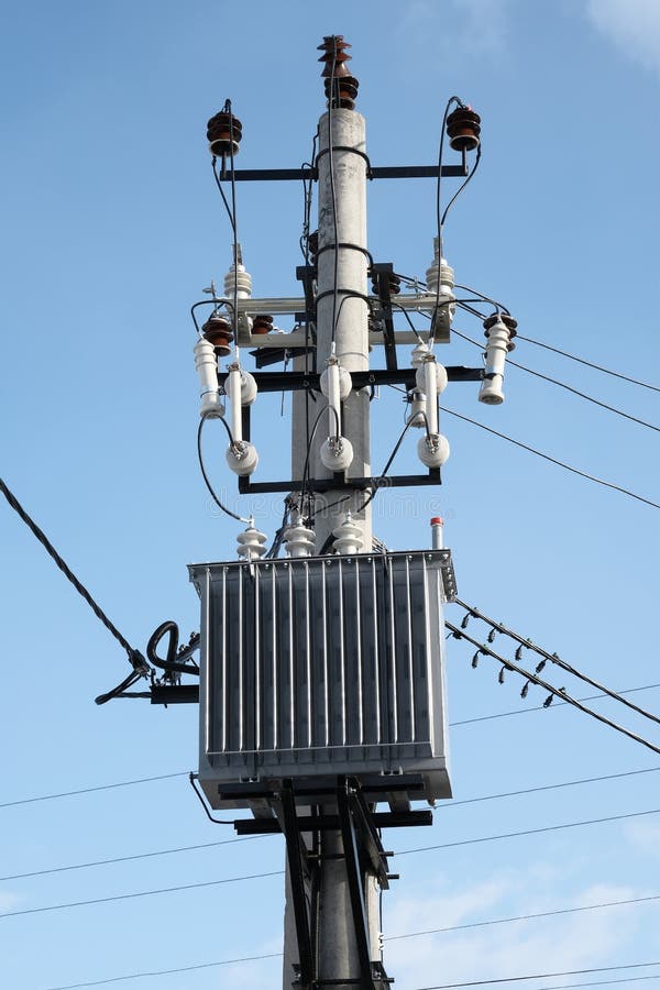 Transformer Mounted on a Pole on Blue Sky Background Stock Image ...