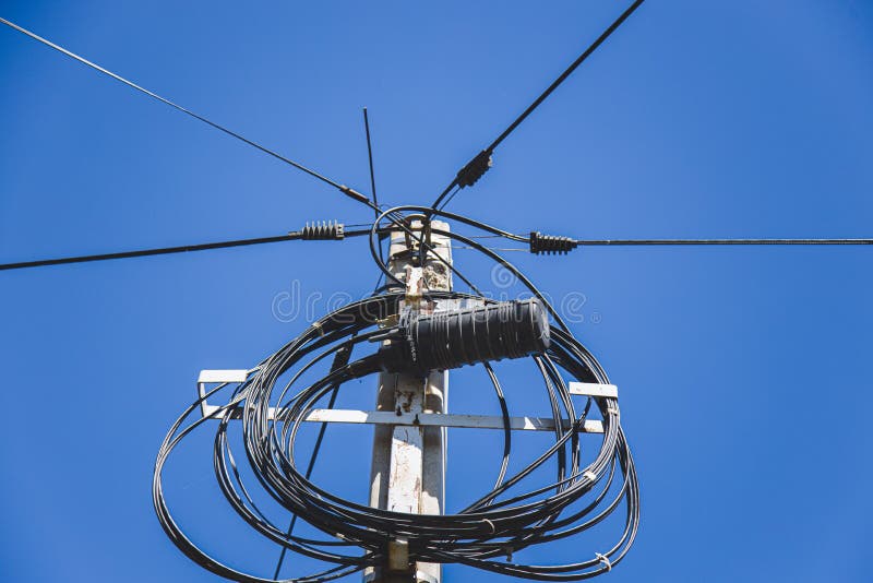 Transformer and Power Lines on Electric Pole. Fiber Optic Tv and ...