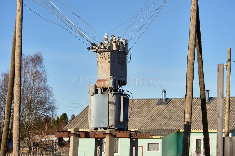 The Transformer Stands on Concrete Pillars Stock Photo - Image of rural ...