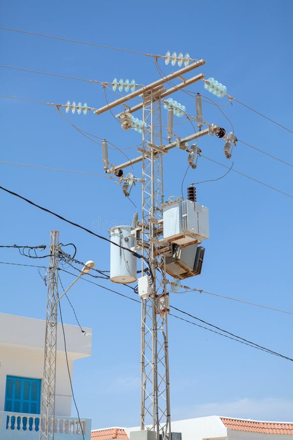Transformers of an Electrical Post with Powerlines Stock Image - Image ...