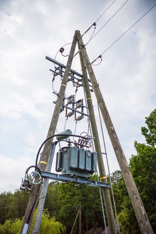 Transformers and High Voltage Cables on the Pole Stock Photo - Image of ...